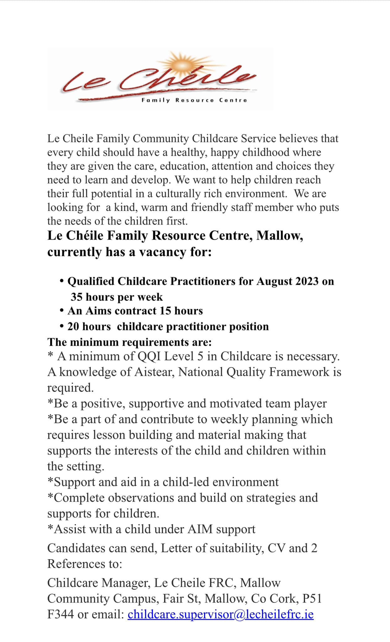 Job Vacancy for Childcare Practitioner at Le Cheile FRC - Le Cheile ...