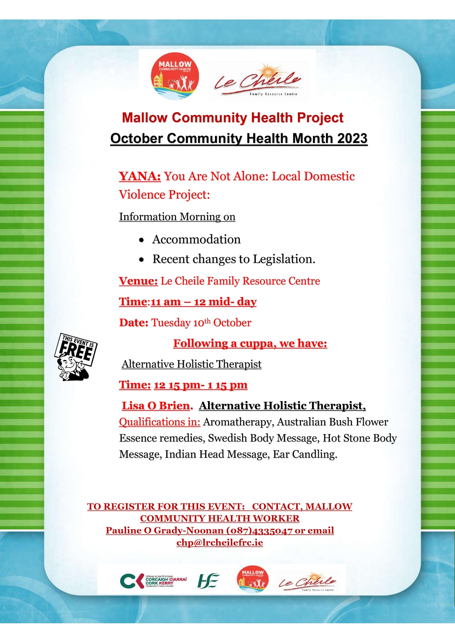 YANA Info & Holistic Therapy Morning - Le Cheile Family Resource Centre